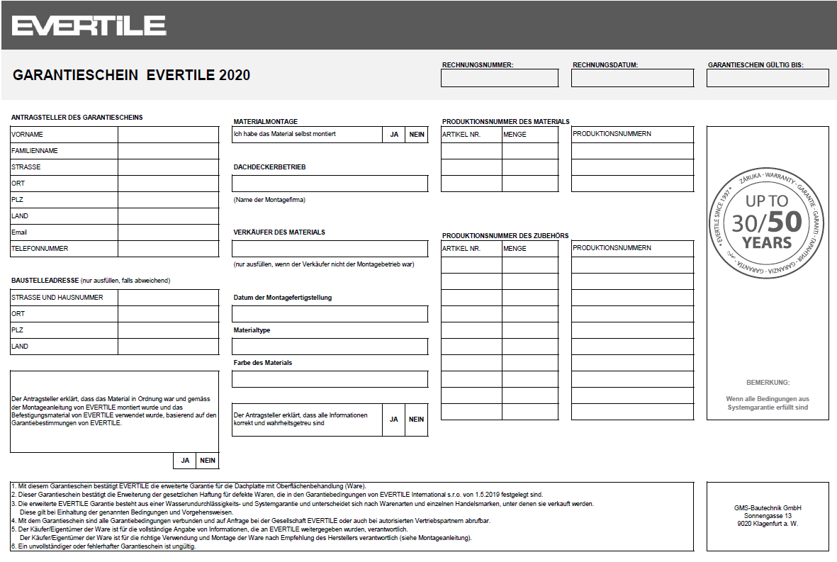 Garantiezertifikat - GMS-Bautechnik - Dach- und Befestigungssysteme - Kärnten, Österreich.